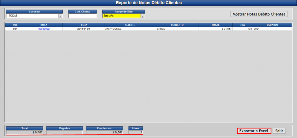 Reporte Notas Débito Clientes - Orion Plus